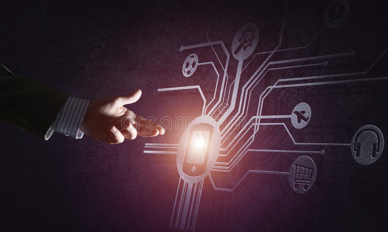 Close of Businessman Hand Showing at User Interface Glowing on W Stock ...