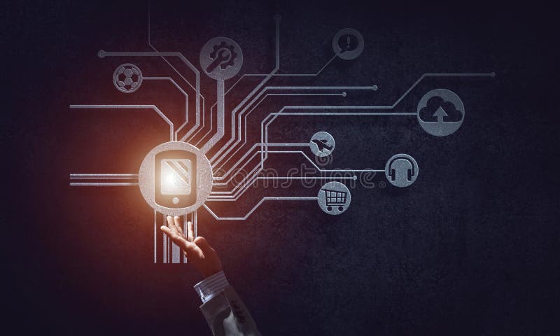 Close of Businessman Hand Showing at User Interface Glowing on W Stock ...