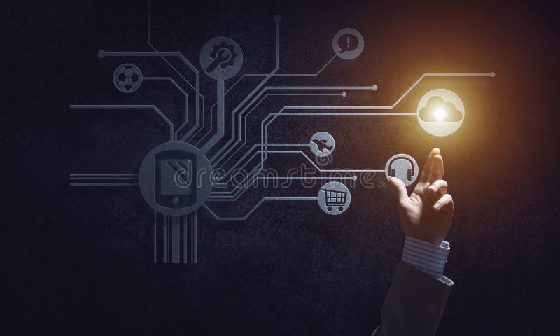 Close of Businessman Hand Showing at User Interface Glowing on Wall ...