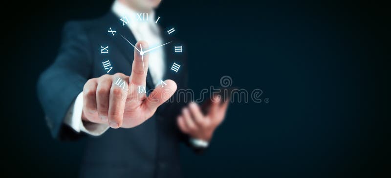 Businessman Hand Press Clock Time Button Icon Stock Image - Image of ...