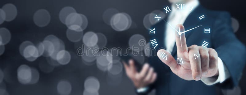 Businessman Hand Press Clock Time Button Icon Stock Photo - Image of ...
