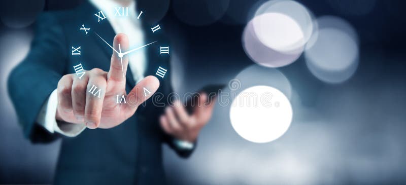 Businessman Hand Press Clock Time Button Icon Stock Photo - Image of ...