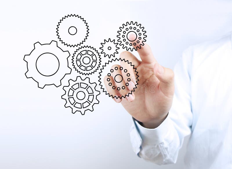 Businessman Hand Press Gears Stock Image - Image of connect, connection ...