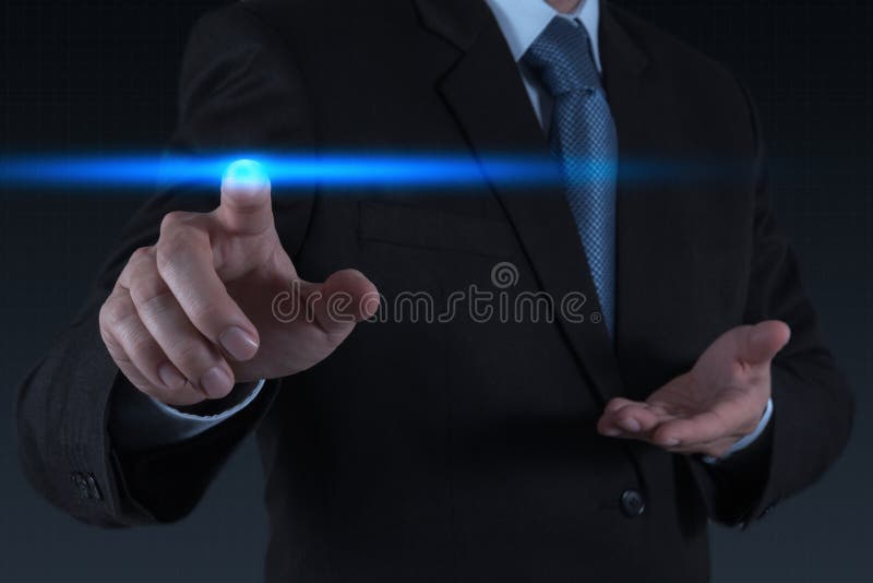Businessman Hand Pressing Button Stock Photo - Image of person, display ...