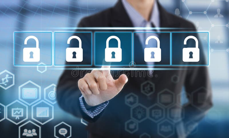 Businessman Hand Pressing Button Data Protection Lock. Stock Photo ...
