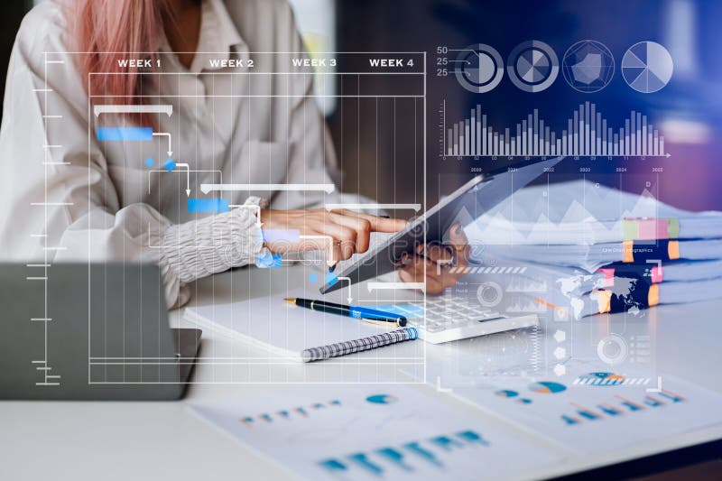 Businessman Hand Project Manager Working and Update Tasks and Gantt ...