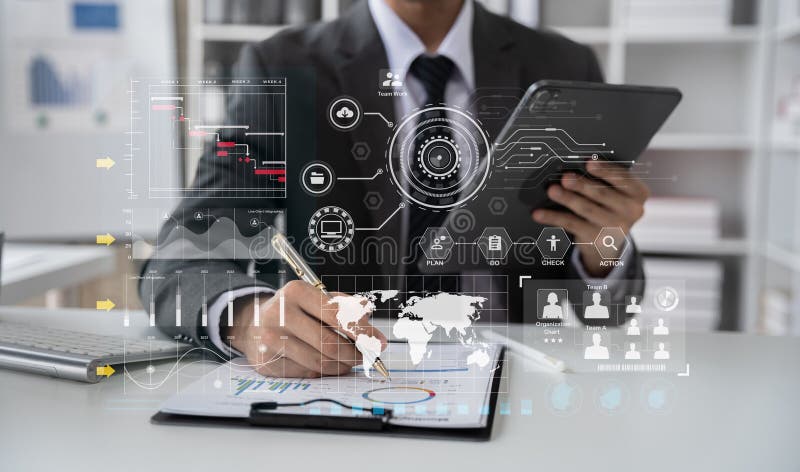 Businessman Hand Project Manager Working and Update Tasks and Gantt ...