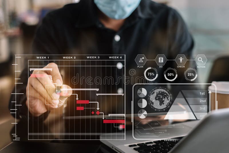 Businessman Hand Project Manager Working and Update Tasks and Gantt ...
