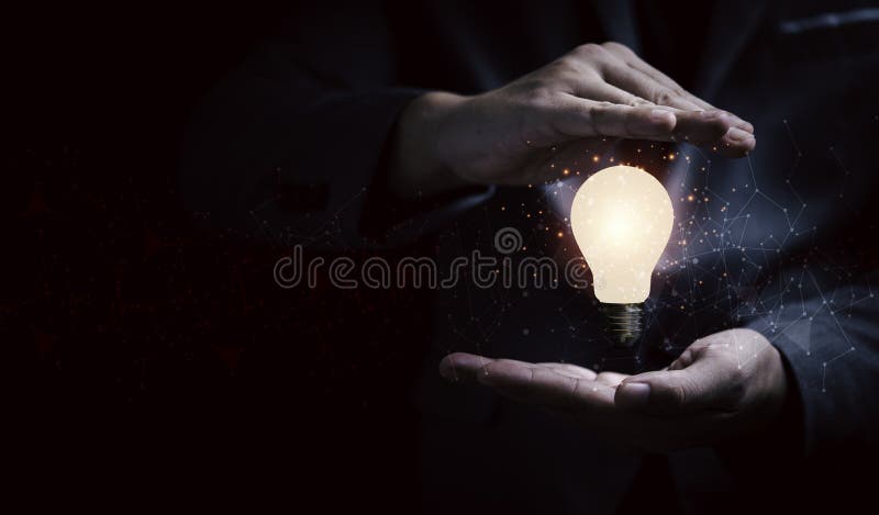 Businessman Hand Protecting Lightbulb Glowing with Connection Line for ...