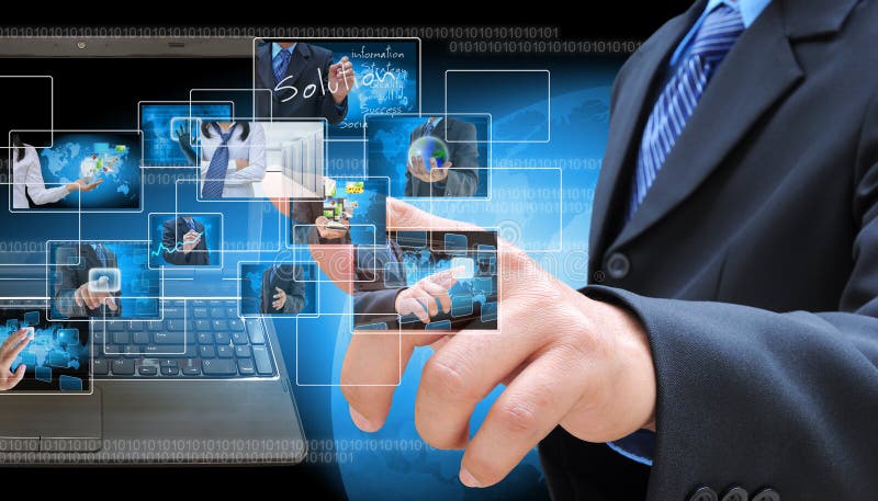 Man Pressing Touch Screen Buttons on Blue Stock Image - Image of global ...