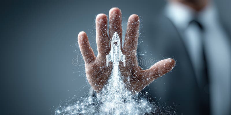 Businessman Hand Stopping Digital Rocket Launch, Innovation and ...