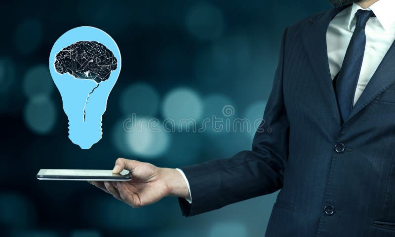 Businessman Hand Tablet with Light Bulb Stock Photo - Image of office ...