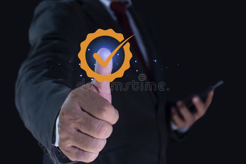 Businessman Hand Thumb Up with Virtual Correct Sign. Standardization ...