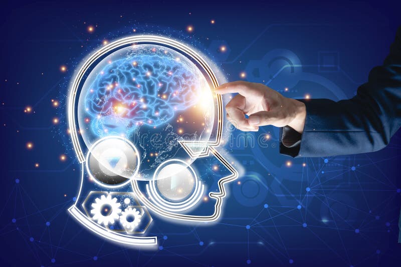 Businessman Hand Touch Connects on Robot Brain Stock Image - Image of ...