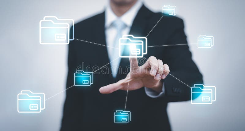 Businessman Hand Touch Folder of Document Management System, Online ...