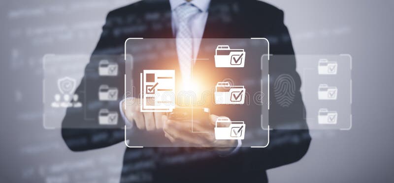 Businessman Hand Touch Folder of Document Management System, Online ...