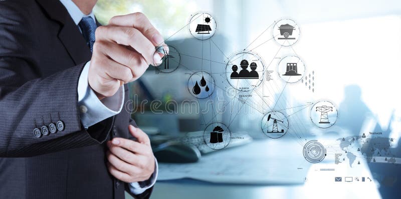Businessman Hand Touch Wind Turbines Stock Photo - Image of development ...