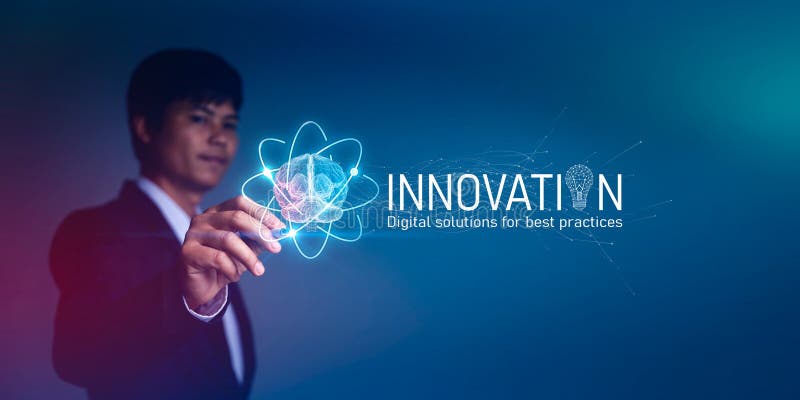 Businessman Hand Touching on Brain Hologram, Idea and Imagination ...