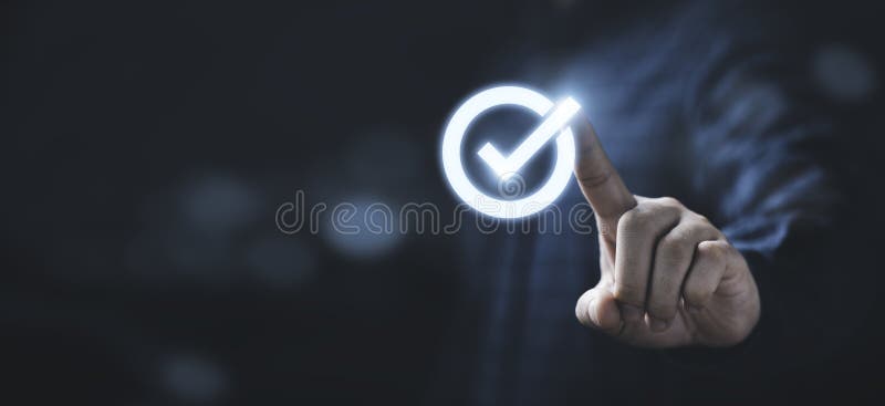 Businessman Hand Touching Glowing Correct Sign Mark with Copy Space ...