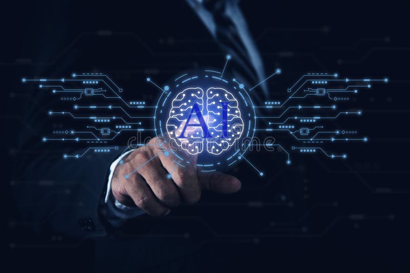 Businessman Hand Touching Interaction with AI Brain Processor. Big Data ...