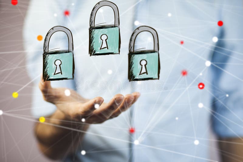 Businessman Hand Touching Lock in Virtual Screen Stock Image - Image of ...