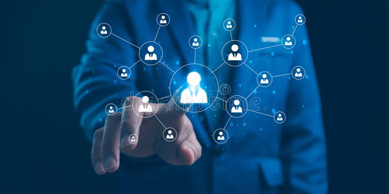 Businessman Hand Touching Map Point, Network Connecting the Human Icon ...