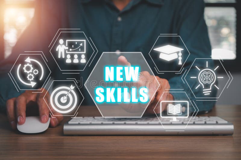 Businessman Hand Touching New Skills Icon on Virtual Screen Stock Photo ... Businessman Hand Touching New Skills Icon on Virtual Screen Stock Photo ...
