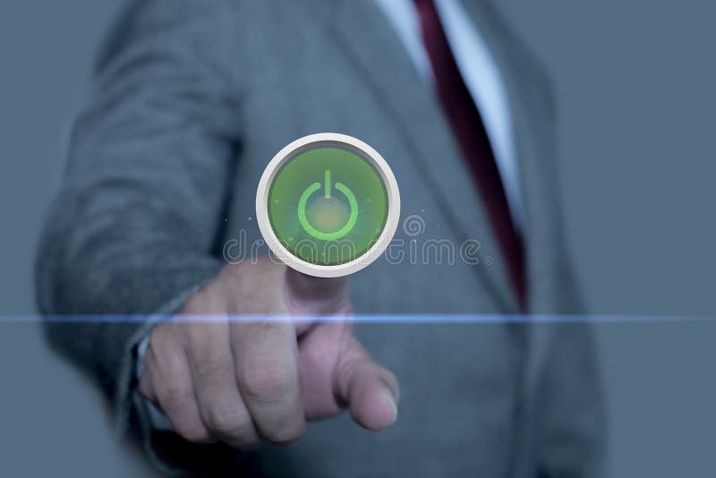 Businessman Hand Touching Power on Screen, Pushing on a Touch Screen ...