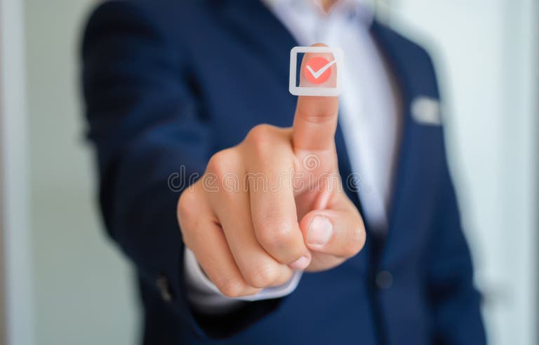 Businessman Hand Touching Virtual Checkmark Button Success Confirmation ...