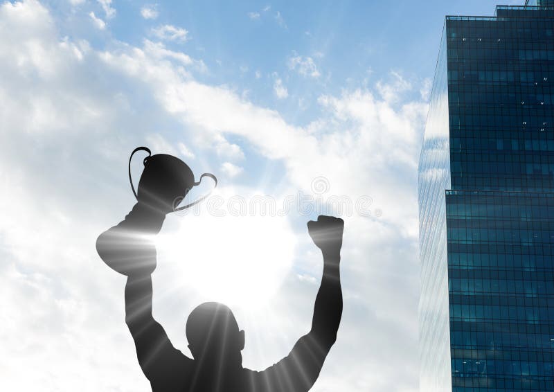Businessman Hand with Trophy Shade with Building and Sky Stock ...