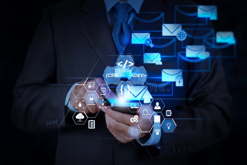 Businessman Hand Use Smart Phone Computer with Email Icon Stock Photo ...