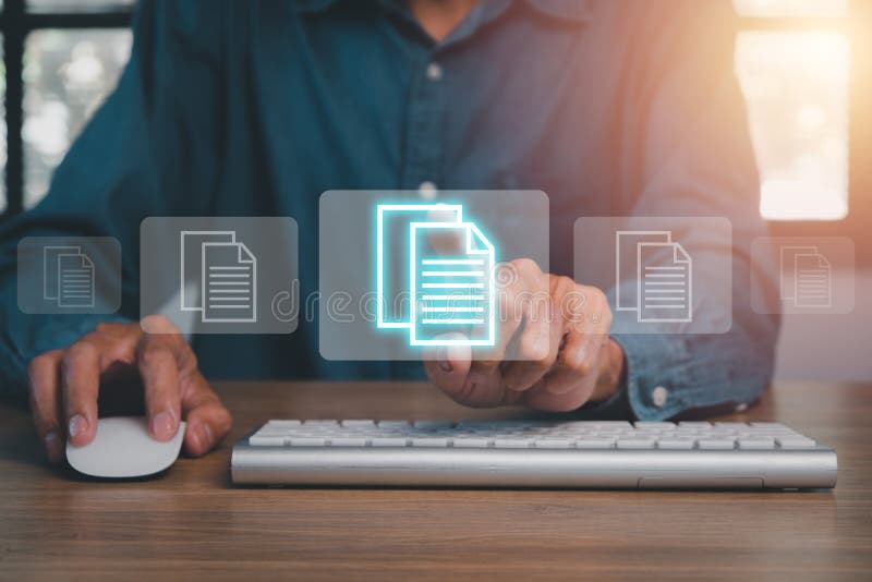 Businessman Hand Using Computer with Document Management Icon, Document ...
