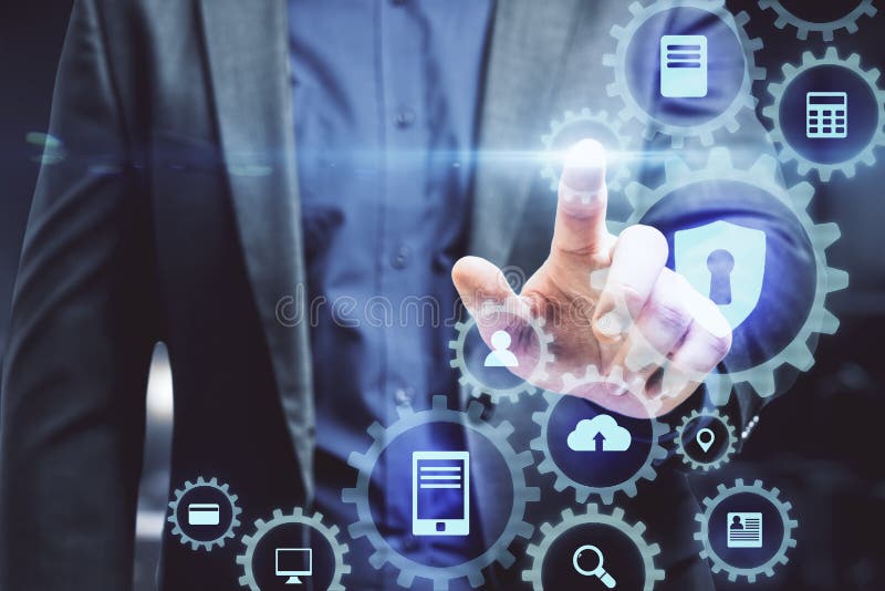 Businessman Hand Using Digital Cogs Interface Stock Photo - Image of ...