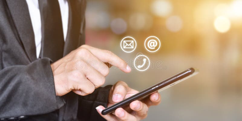 Businessman Hand Using Mobile Smartphone. Concept of Contact Us Stock ...