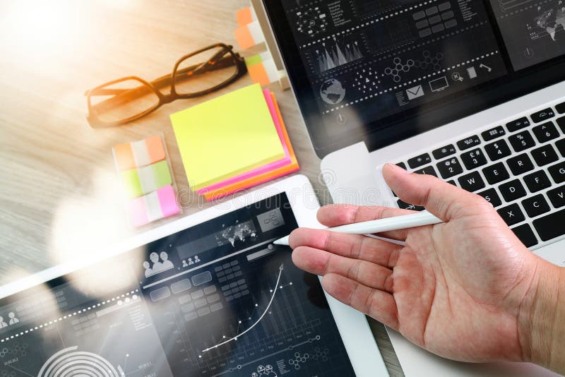 Businessman Hand Working with Digital Tablet Computer and Memo N Stock ...