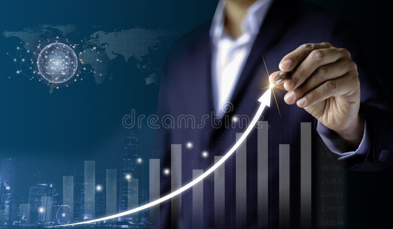 Businessman Hand Working Draw on Point Arrow Graph Economic Growth ...