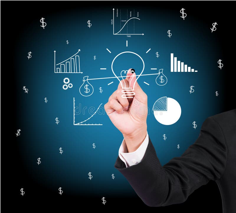 Businessman Hand Writing and Drawing Light Bulb Stock Image - Image of ...