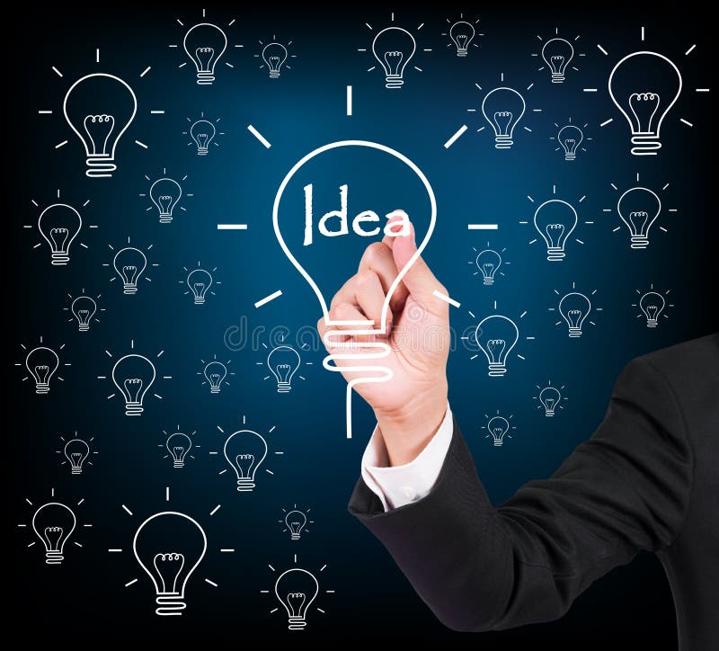 Businessman Hand Writing and Drawing Light Bulb Stock Image - Image of ...