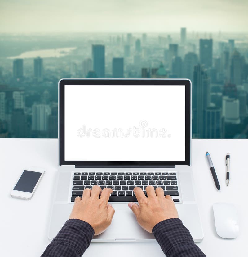Businessman Hands on Blank Screen Laptop Computer Stock Image - Image ...