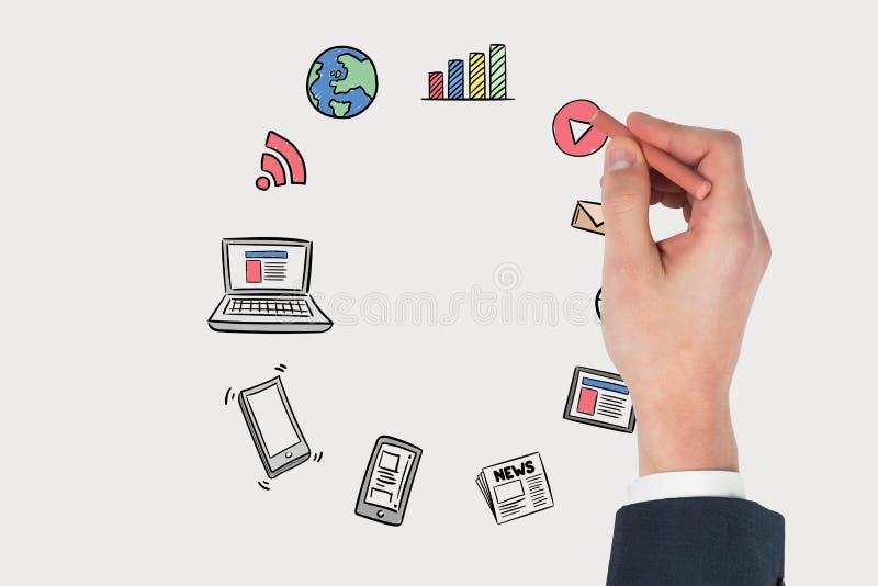Businessman Hands Drawing on Digital Screen Stock Image - Image of icon ...