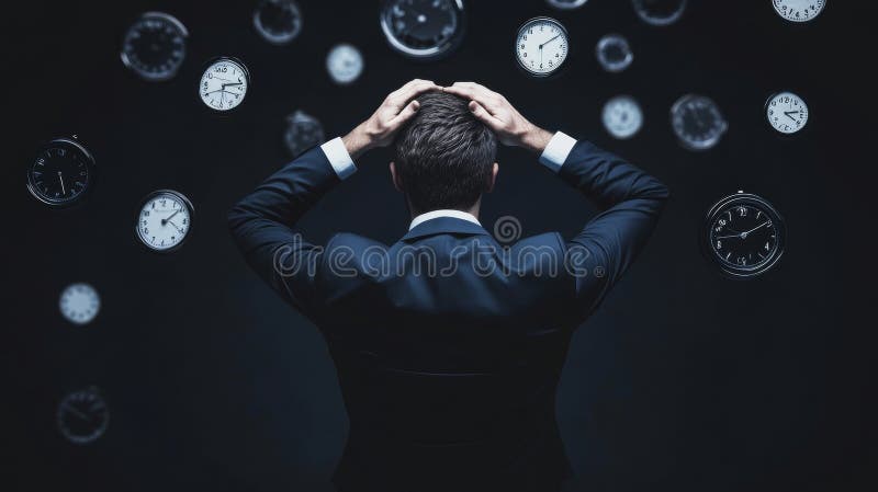 Businessman with Hands on Head Surrounded by Floating Clocks Symbolizes ...