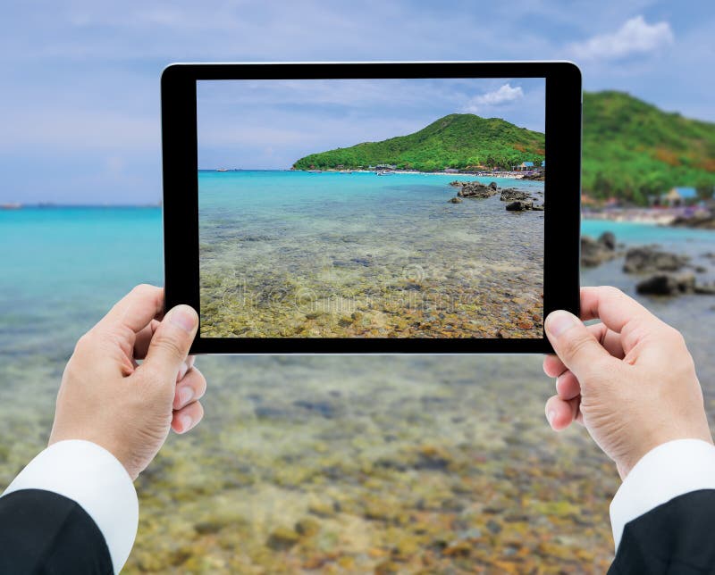 Businessman Hands Tablet Taking Pictures Beach and Sea Stock Image ...