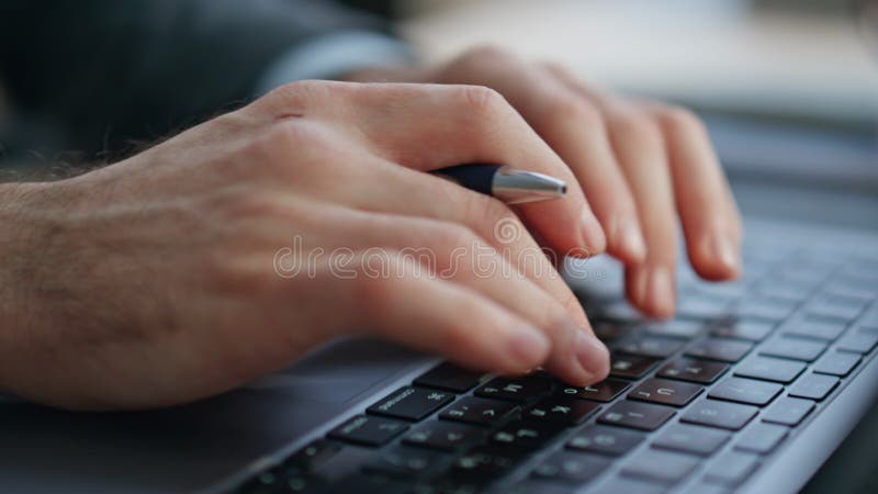 Businessman Hands Texting Laptop Holding Pen At Cabinet Closeup Man
