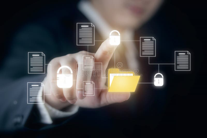 Businessman Hands Touching Virtual Folder and Document Icons. Stock ...