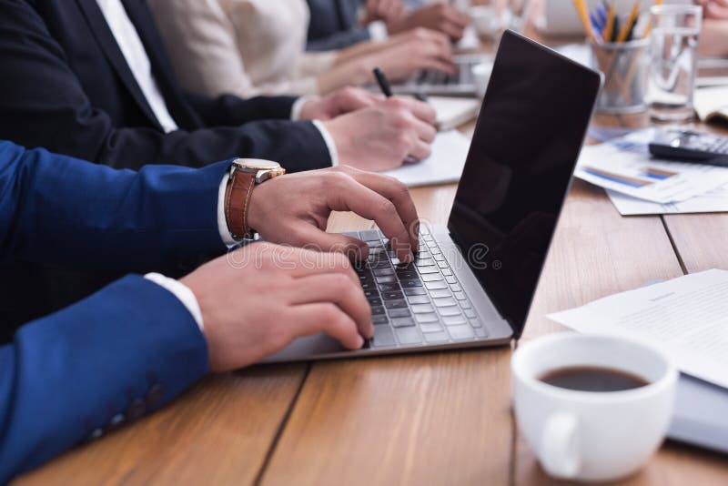 Businessman Hands Typing on Laptop during Meeting Stock Image - Image ...
