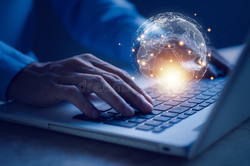 Businessman Hands Typing Notebook Laptop with Virtual Global Hologram ...