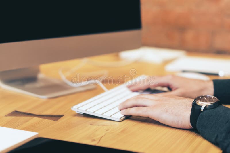 Businessman Hands Using Computer on Desk Stock Image - Image of desk ...