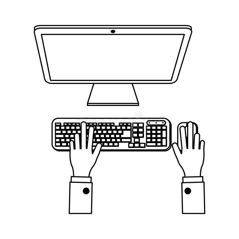 Businessman Hands Working on Computer Black and White Stock Vector ...