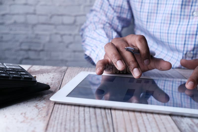 Businessman Hands Working on Digital Tablet at Office Desk, Stock Photo ...