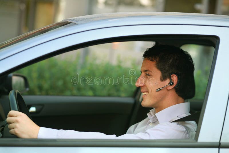 Businessman with Handsfree Bluetooth in Car Stock Image - Image of ...